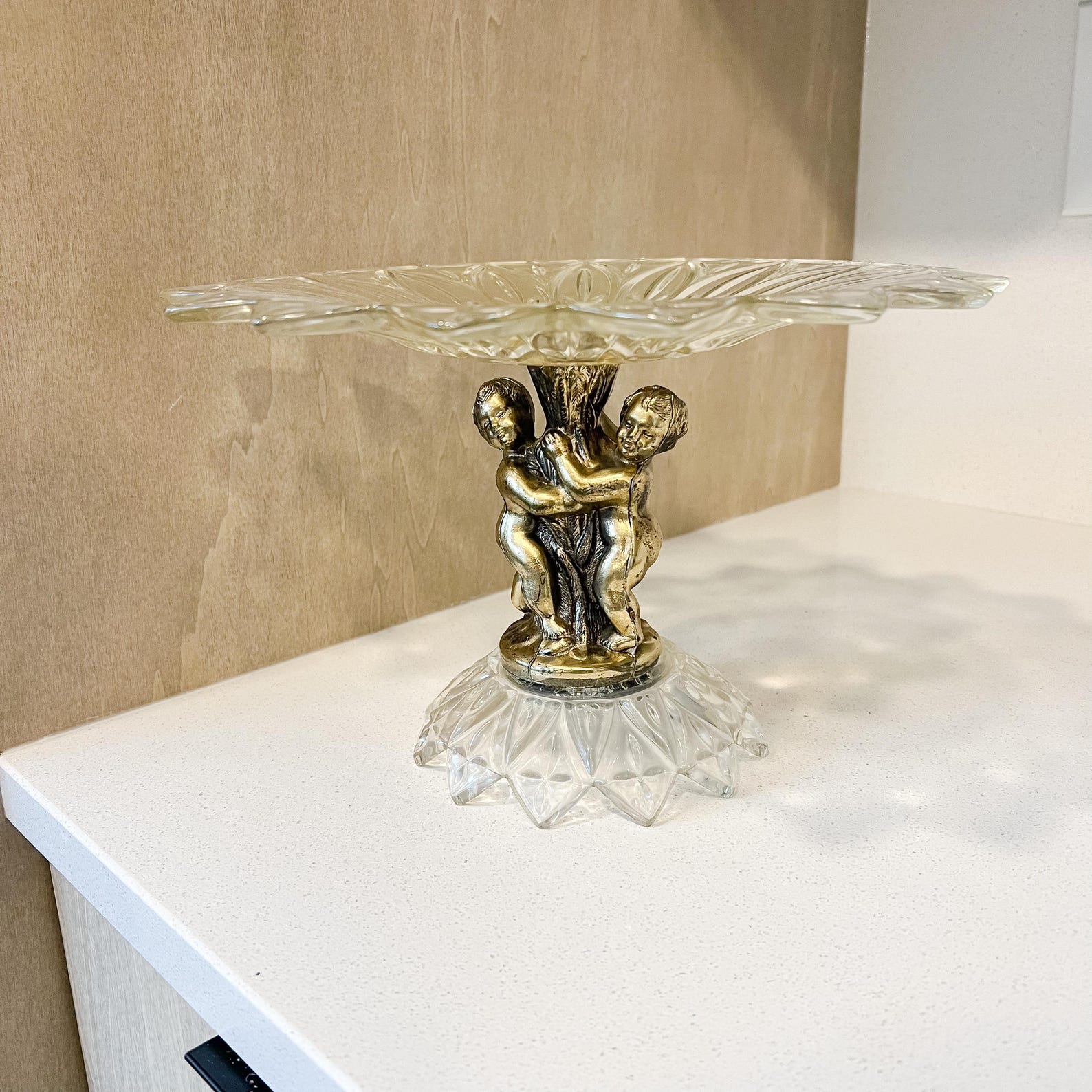 Vintage Cherub Angel Glass Cake Stand Pedestal | Federal Glass Dessert ...