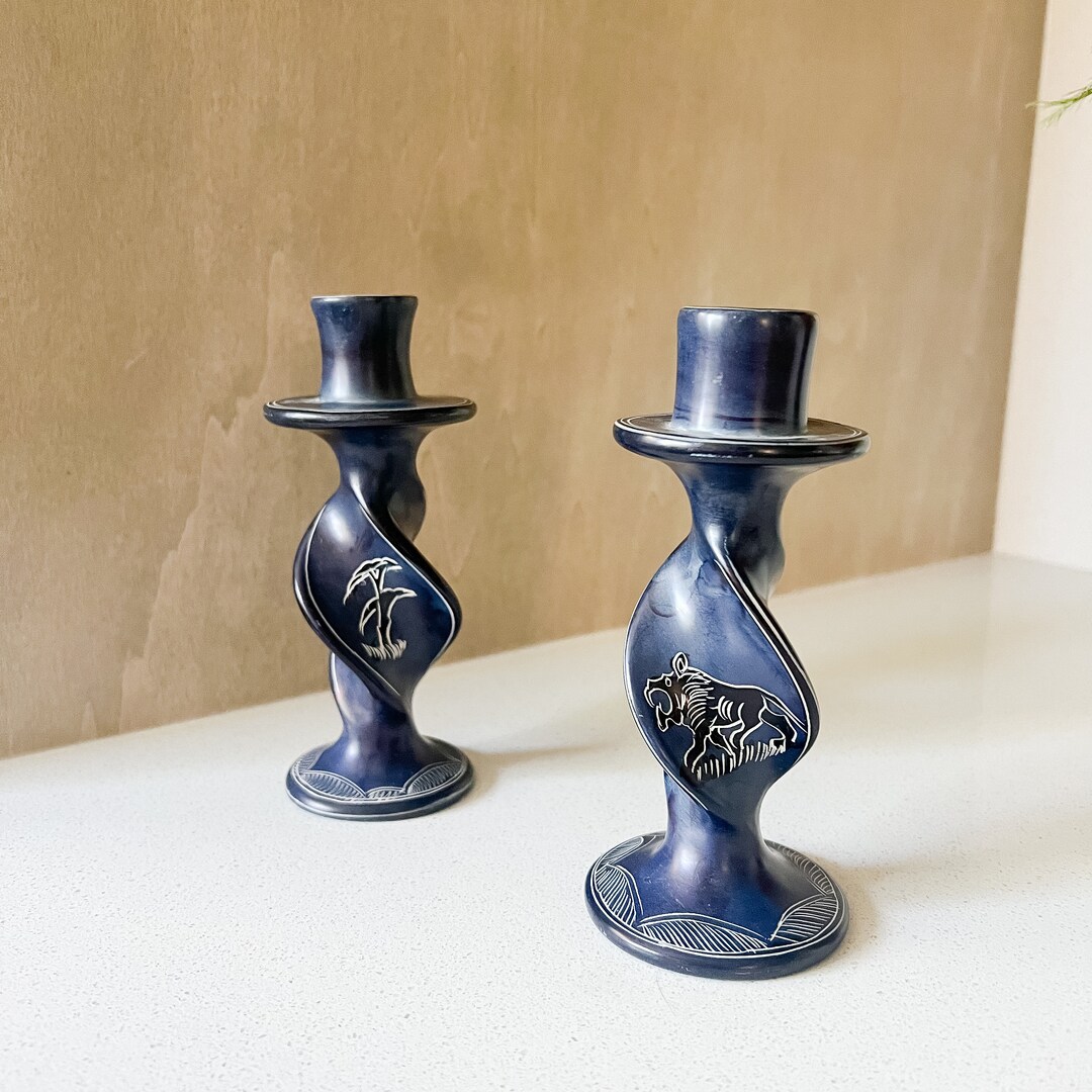 Vintage Stone Spiral Candlestick Holders (2), Hand Carved Soap Stone ...