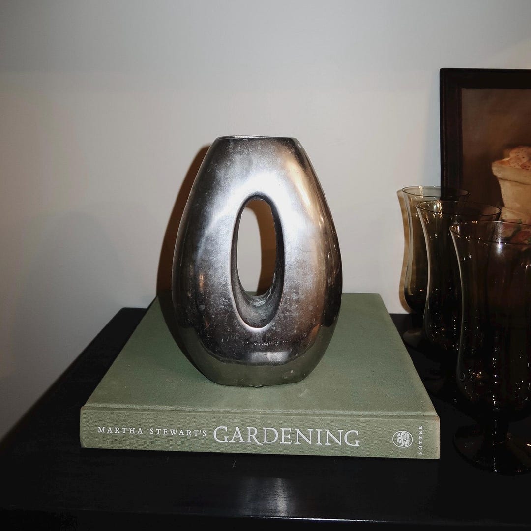 Vintage Metal Circular Vase, Polished Metal Modernist Style Vase Decor ...