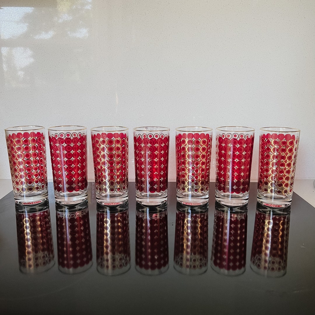 Mid Century Modern Cranberry & Gold Highball Glasses (7) Mid Century ...