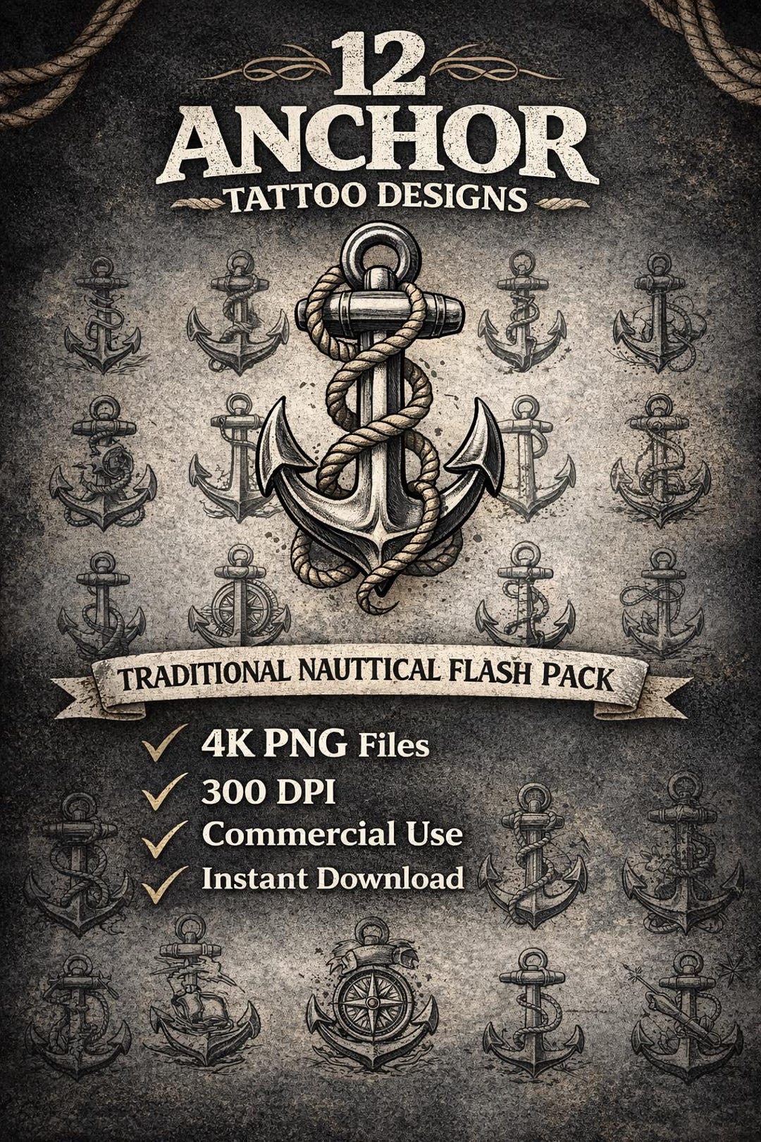 Anchor Tattoo Designs X 12 | Nautical Tattoo Flash Pack | Stencil Ready ...