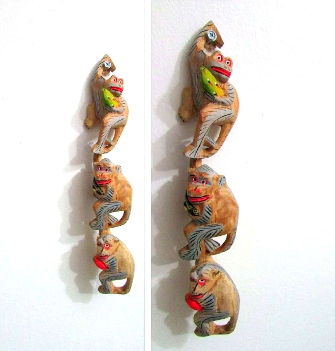 Set of 3 Cute Small Hand Carved & Painted Wooden Hanging Monkeys, Wood ...