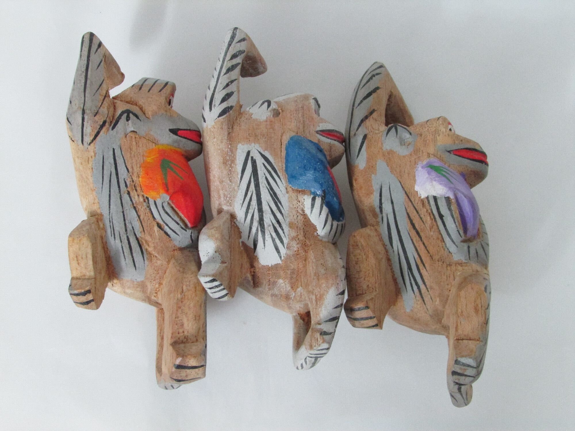 Set of 3 Cute Small Hand Carved & Painted Wooden Hanging Monkeys, Wood ...