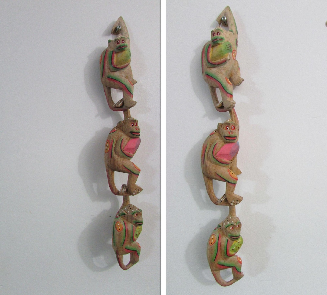 Set of 3 Cute Large Hanging Monkeys, Hand Carved & Painted Wooden ...