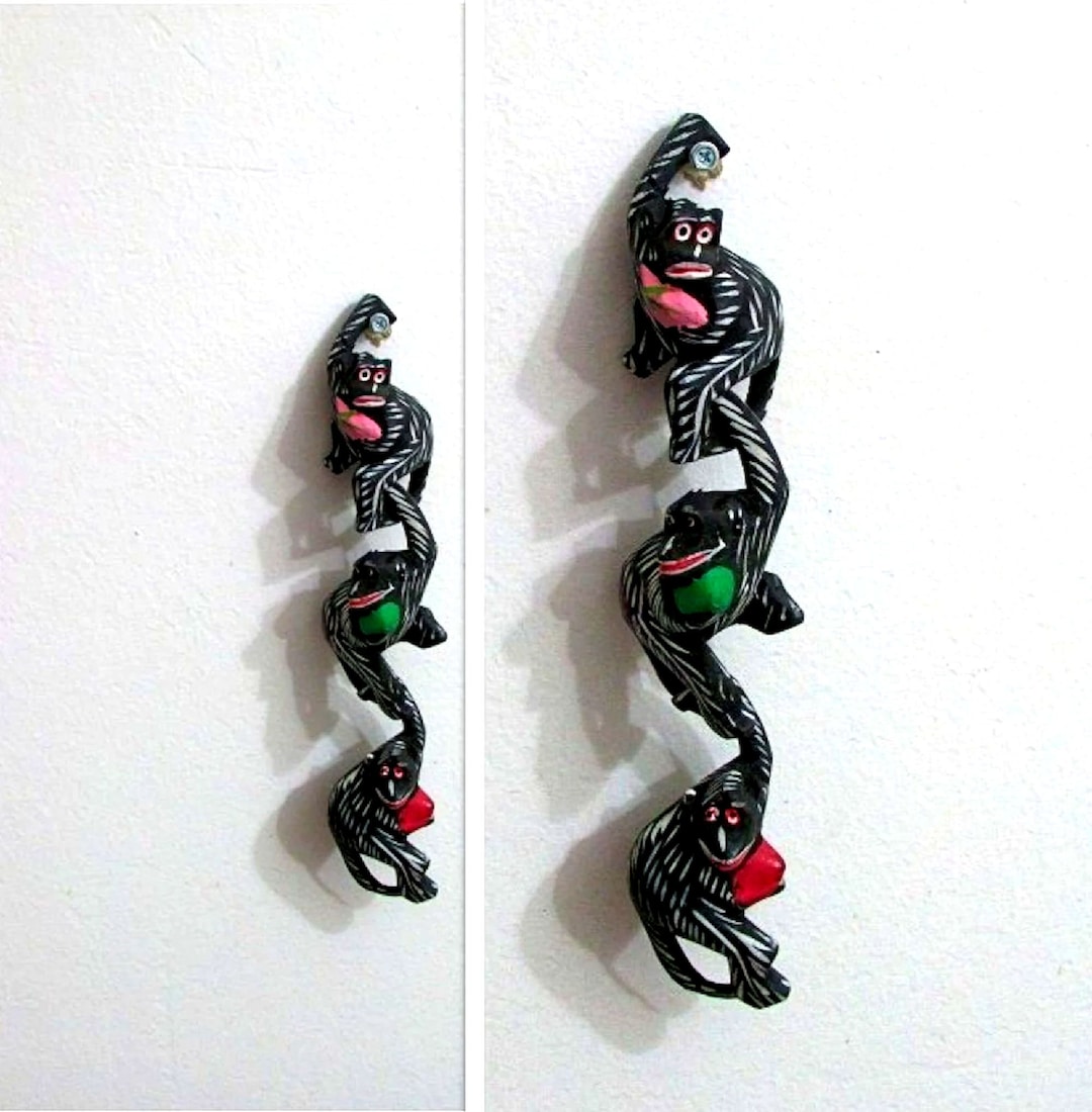 Set of 3 Small Hand Carved Wooden Monkey Chain: Bali Island Hanging ...
