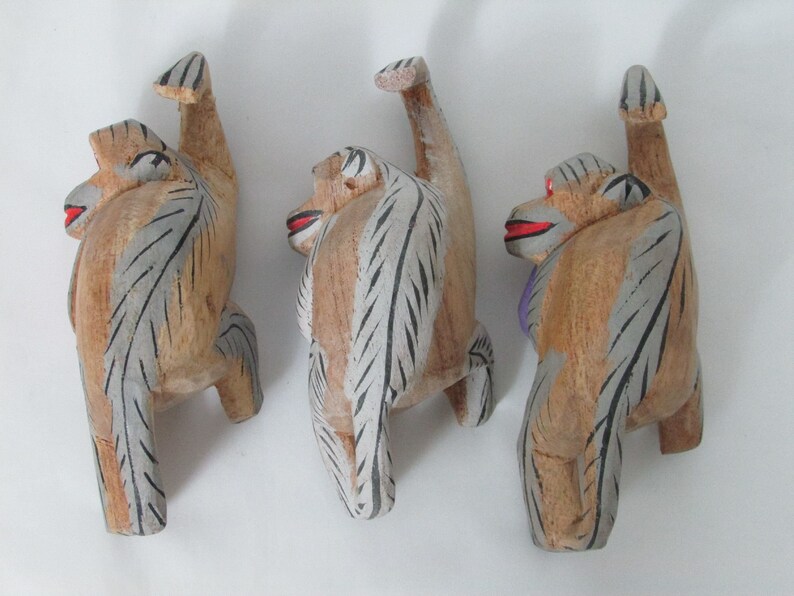 Set of 3 Cute Small Hand Carved & Painted Wooden Hanging Monkeys, Wood ...