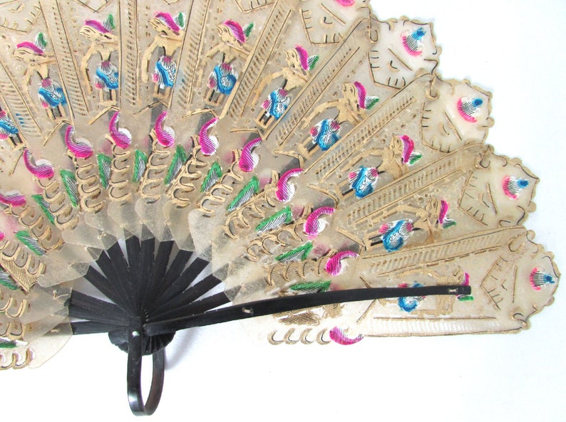 Vintage Indonesian shadow Puppet Leather Handheld Fan, Hand Carved ...