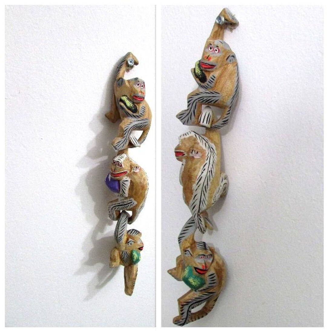 Set of 3 Cute Small Hand Carved & Painted Wooden Hanging Monkeys, Wood ...