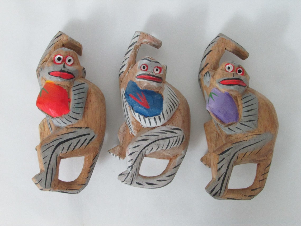 Set of 3 Cute Small Hand Carved & Painted Wooden Hanging Monkeys, Wood ...