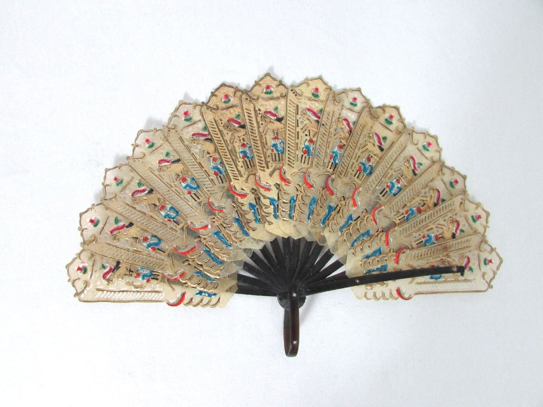 Vintage Indonesian shadow Puppet Leather Handheld Fan, Hand Carved ...