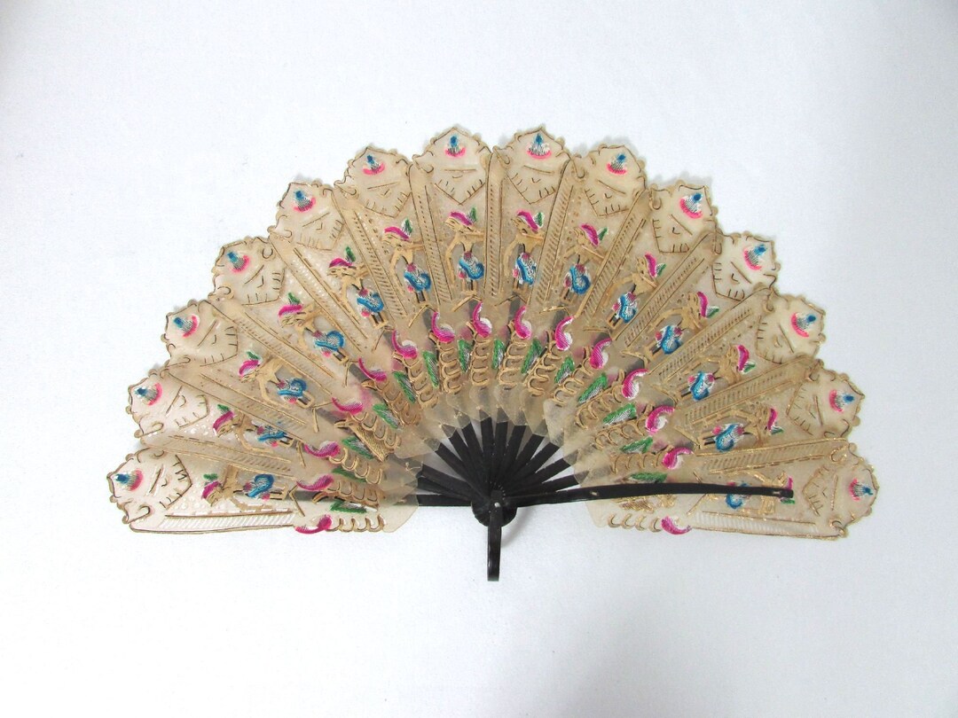 Vintage Indonesian shadow Puppet Leather Handheld Fan, Hand Carved ...