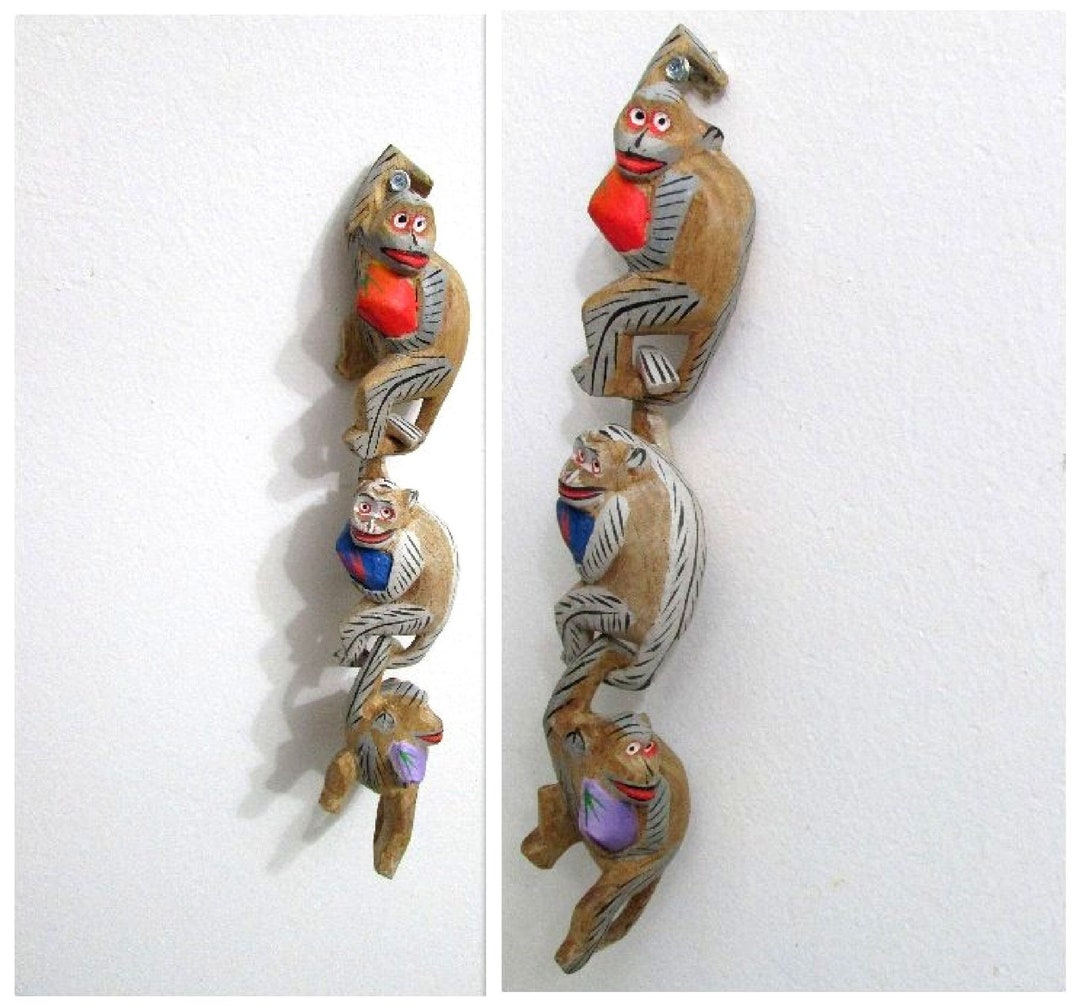 Set of 3 Cute Small Hand Carved & Painted Wooden Hanging Monkeys, Wood ...