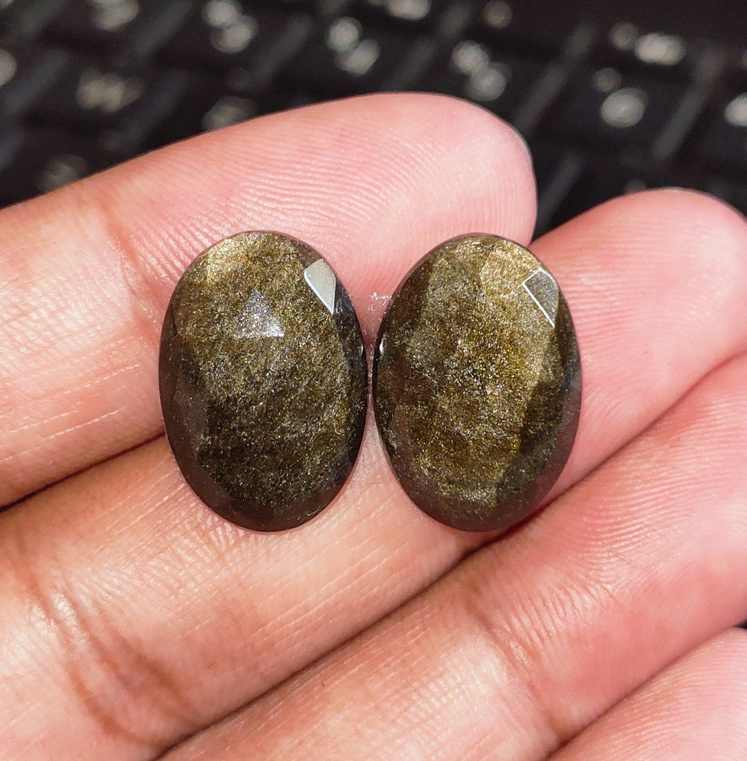 19x13x4mm, Golden Obsidian Cat's Eye Pair, Gold Obsidian Oval Shape ...