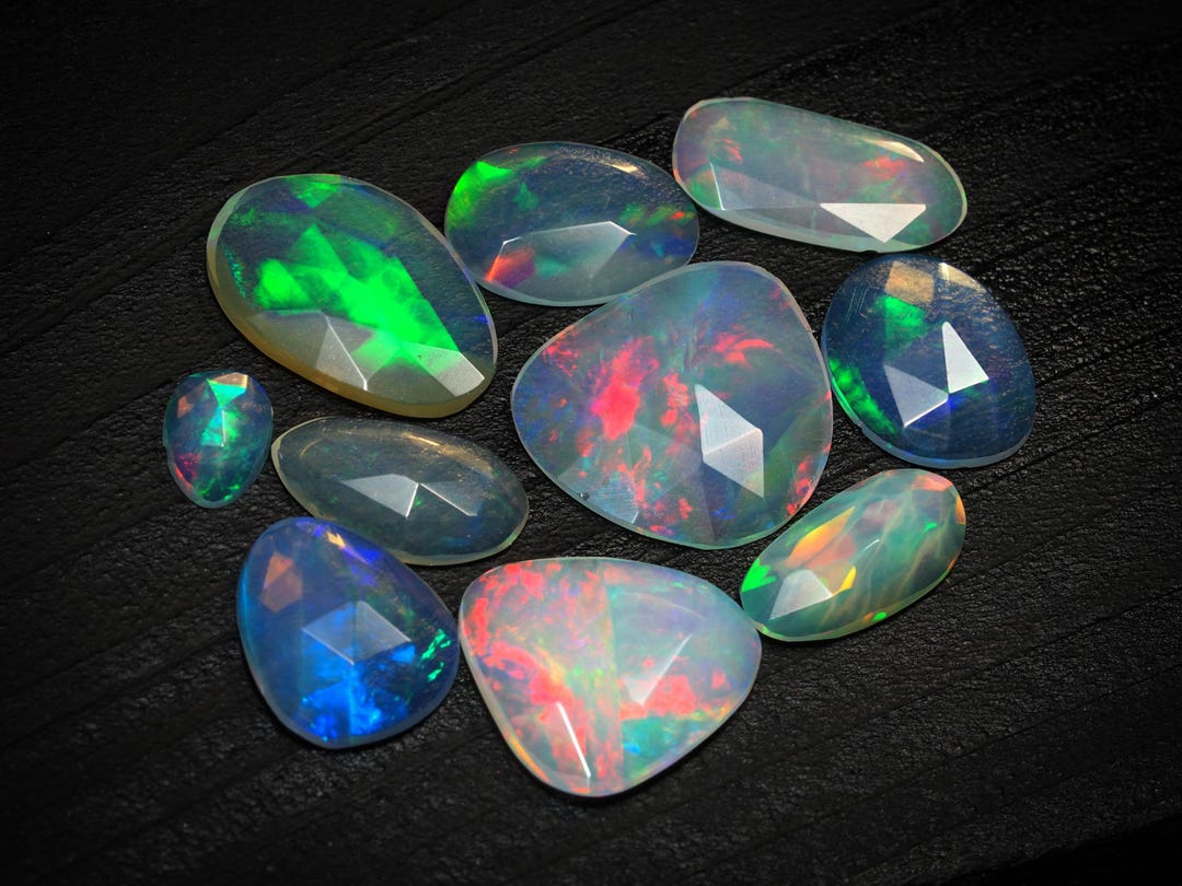 10 Piece, Fire Play Opal Faceted Gemstone, Loose Fire Opal Lot, Rose Cut Opal Slice, Rainbow ...