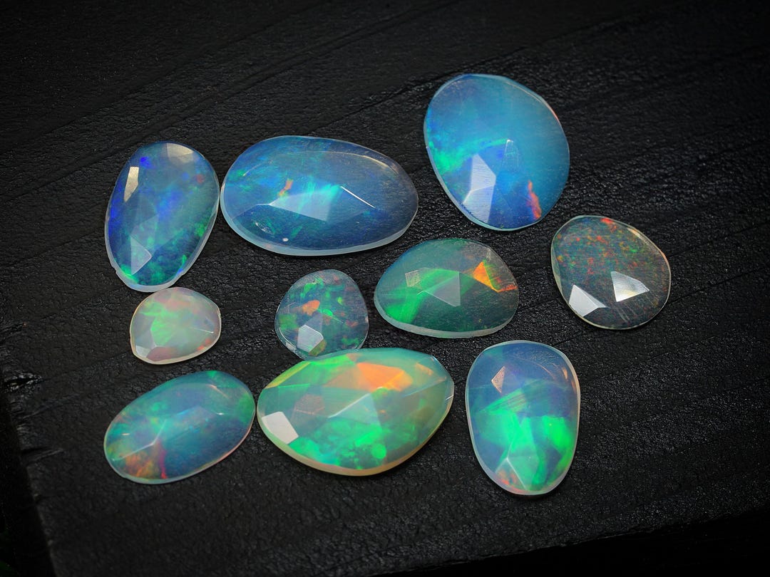 10 Piece, Fire Play Opal Faceted Gemstone, Loose Fire Opal Lot, Rose Cut Opal Slice, Rainbow ...