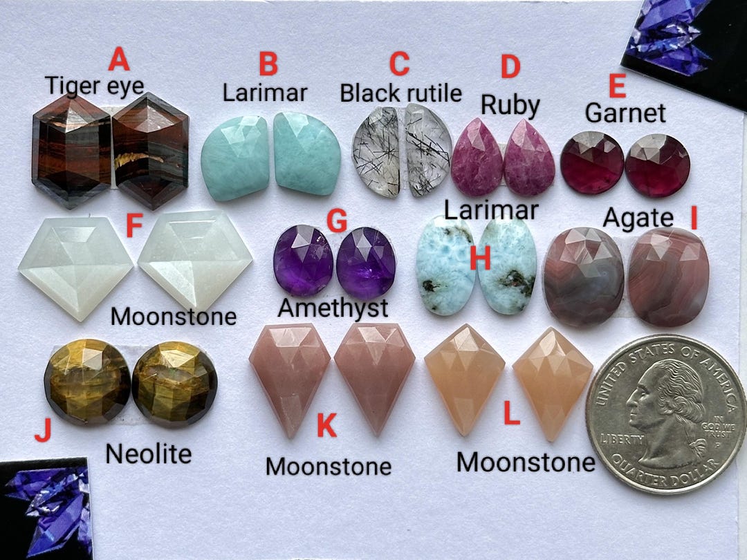 Natural Gemstone Rose Cut Stone, Flat Back Stones Match Pair, Mix Semi ...