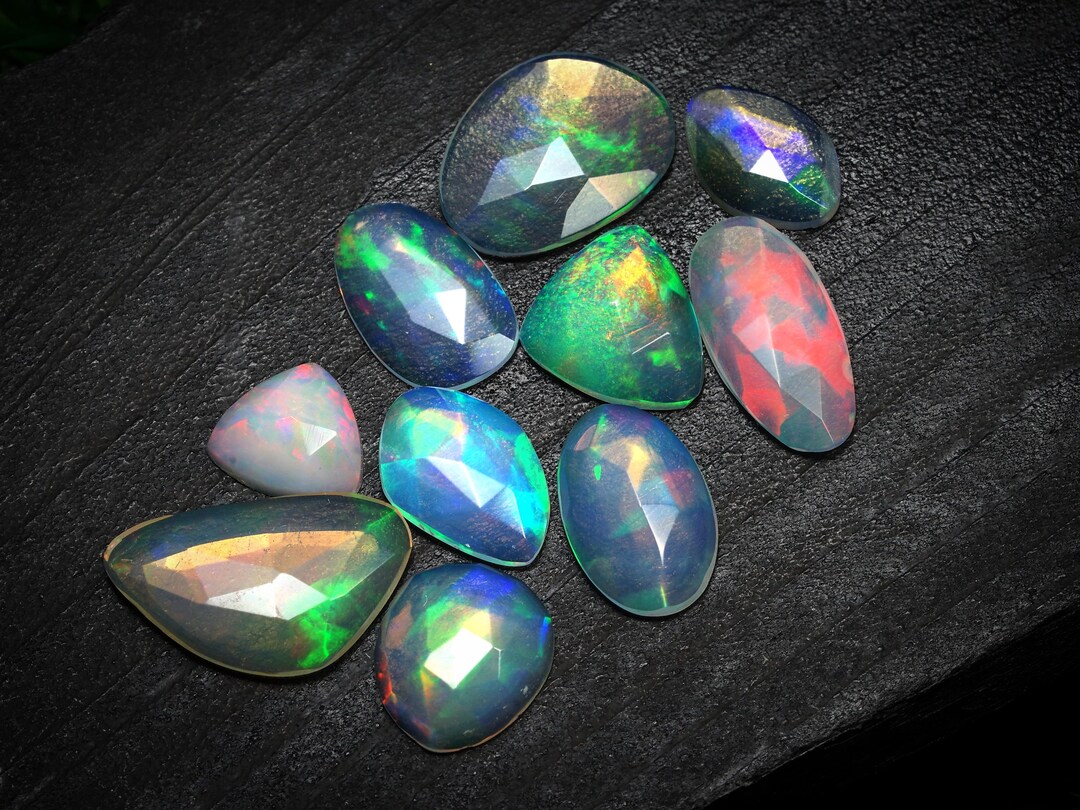 10 Piece, Fire Play Opal Faceted Gemstone, Loose Fire Opal Lot, Rose Cut Opal Slice, Rainbow ...