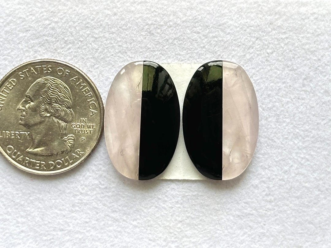 24x15x4mm, Natural Black Onyx and Rose Quartz Intarsia Pair, Oval Shape ...