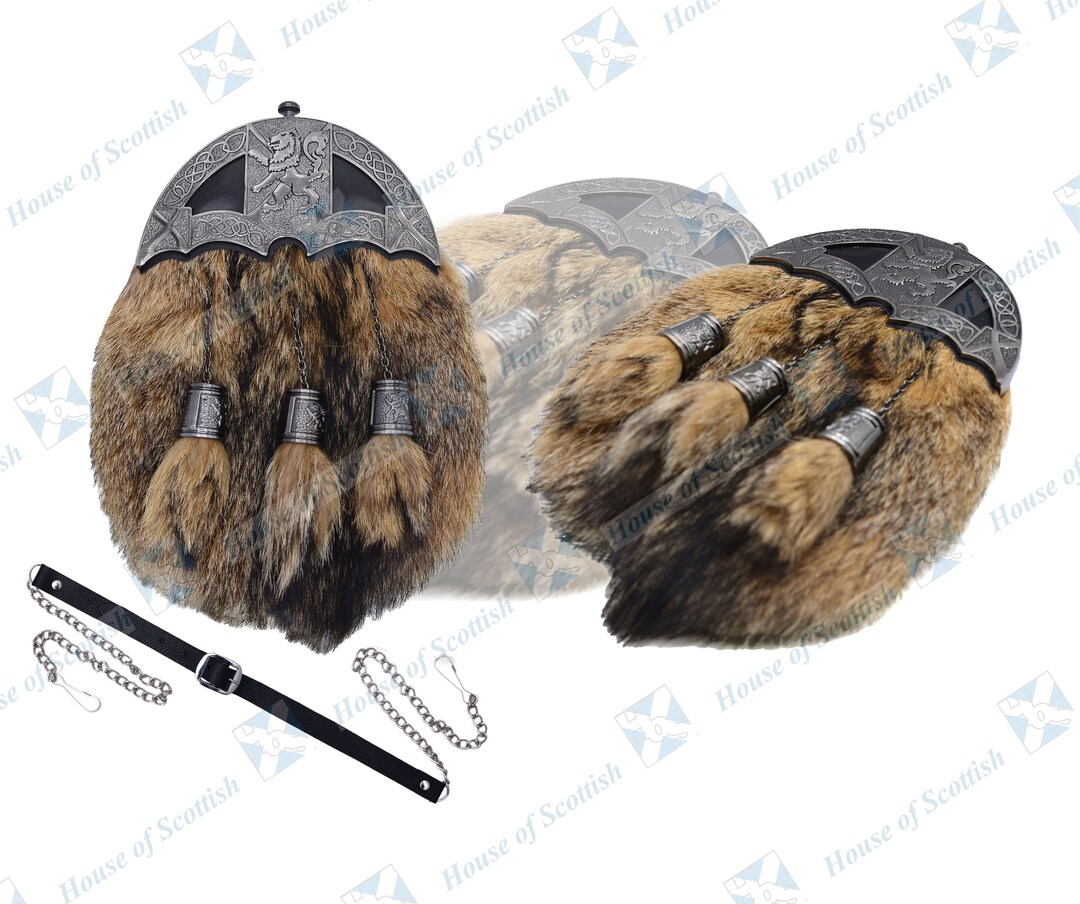 Men's Scottish Full Dress FOX FUR SPORRAN Antique Cantle Three Tassels ...