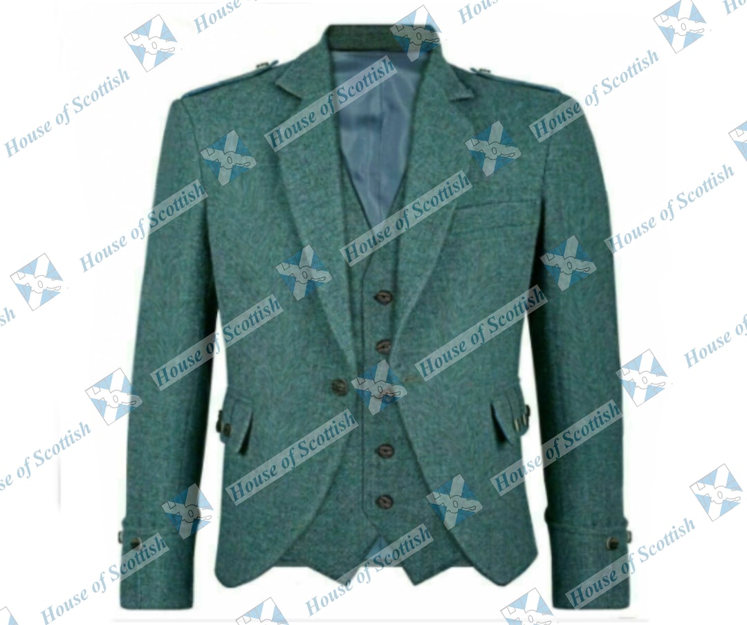 New Scottish Handmade Tweed Argyle Kilt Jacket With 5 Button Waistcoat ...