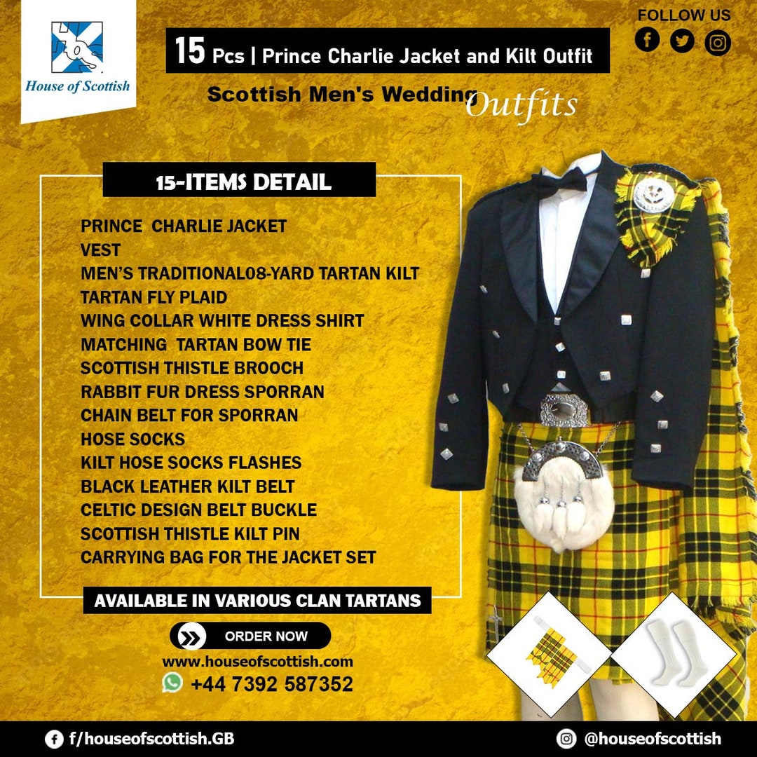 15 Pcs | Scottish Prince CHARLIE Jacket, Vest and KILT OUTFIT Ultimate ...