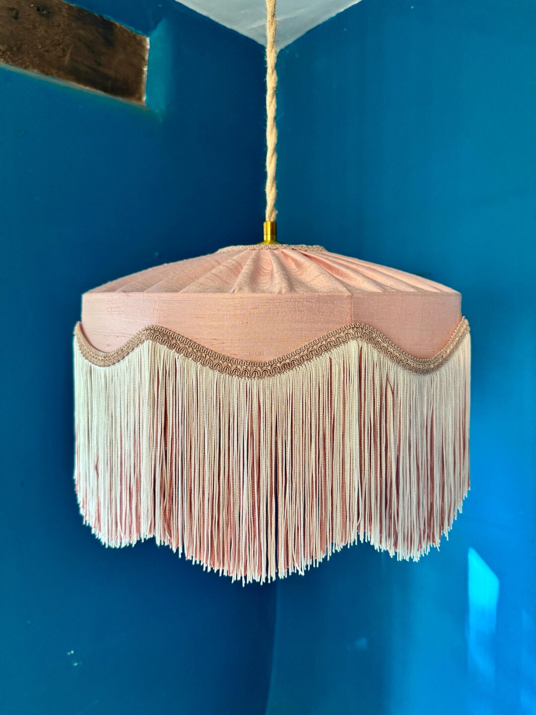 Luxury 14” Handmade Pale Pink Silk Fringe Lampshade, Art Deco Fringed ...