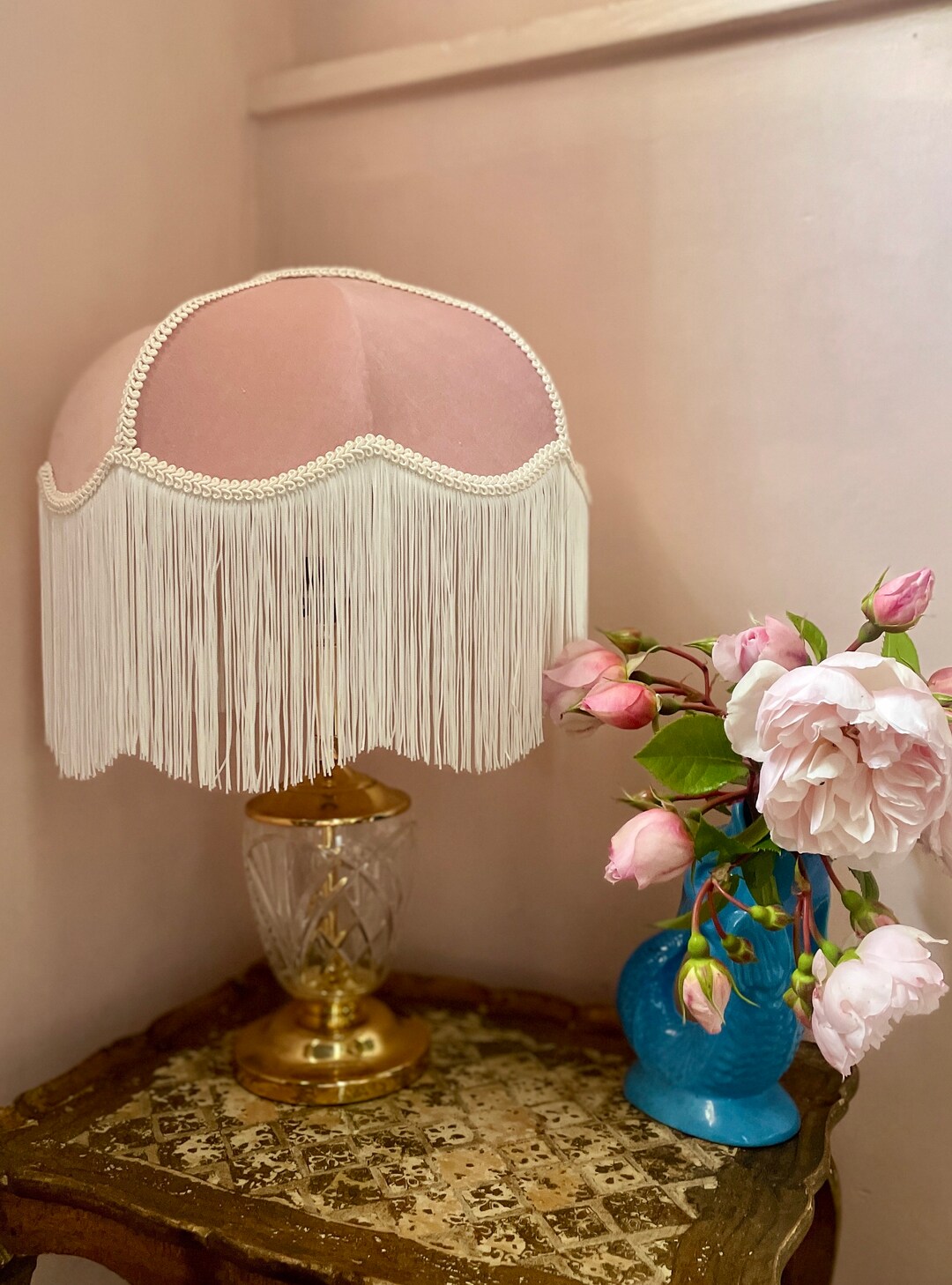 Luxury 12” Handmade Dusky Pink Velvet Lampshade, Art Deco Fringed ...