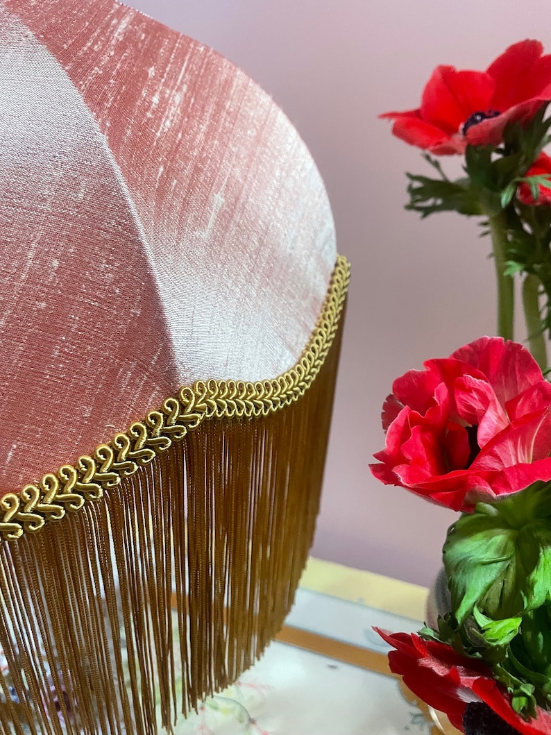 Luxury 12” Handmade Pink Silk Fringe Lampshade, Art Deco Fringed ...