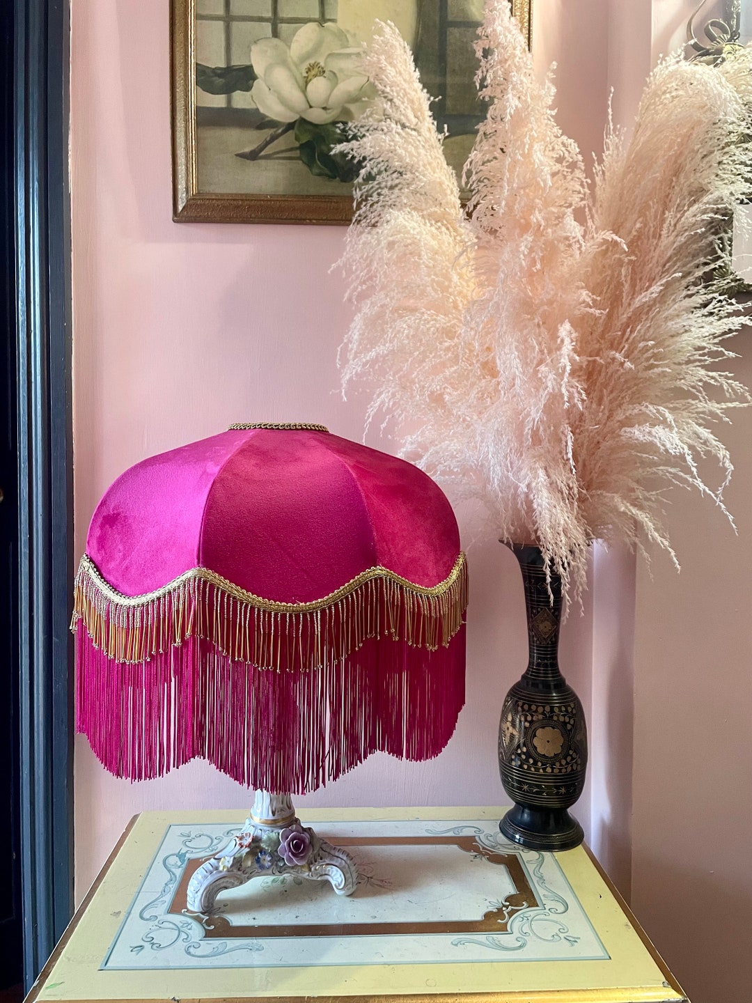 Luxury 12” Handmade Hot Pink Velvet Fringe Lampshade, Art Deco Vintage ...