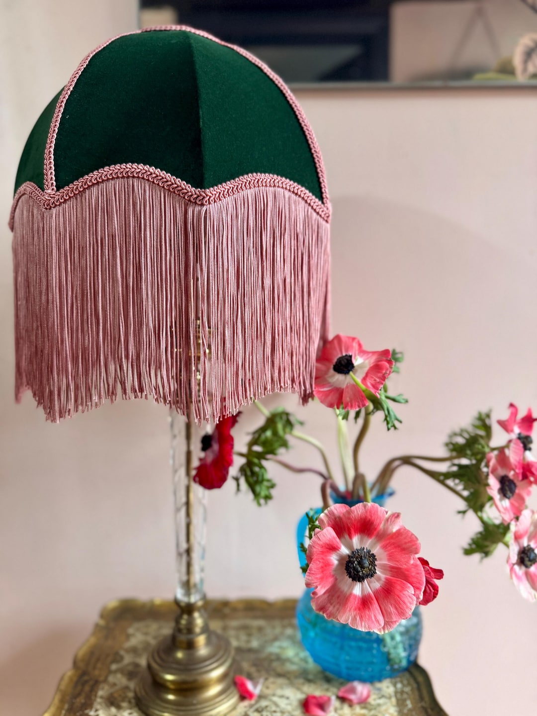 12” Handmade Green Velvet Fringe Lampshade, Art Deco Lamp Shade, Tassel ...