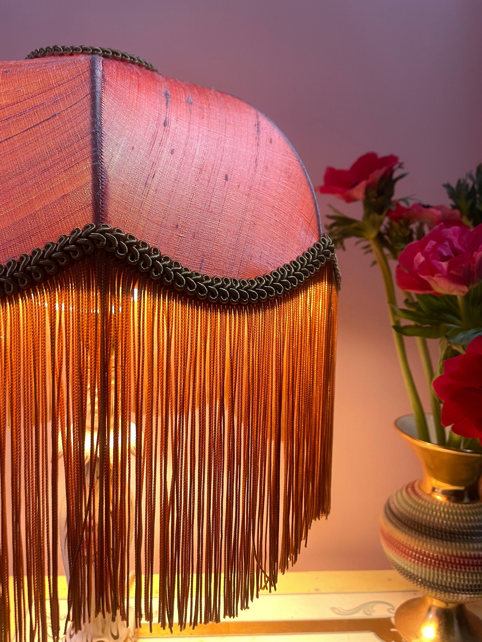 Luxury 12” Handmade Pink Silk Fringe Lampshade, Art Deco Fringed ...