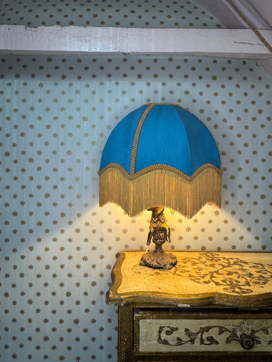 Handmade Sky Blue Velvet Lampshade With Gold Fringe, Art Deco Style - Etsy