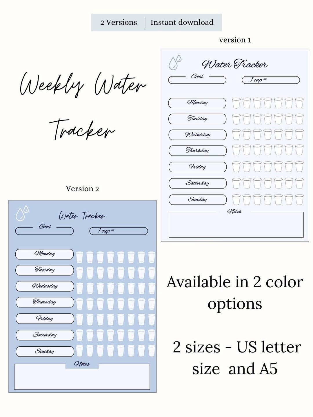 Printable Water Tracker:comprehensive Daily Hydration Log, Wellness ...