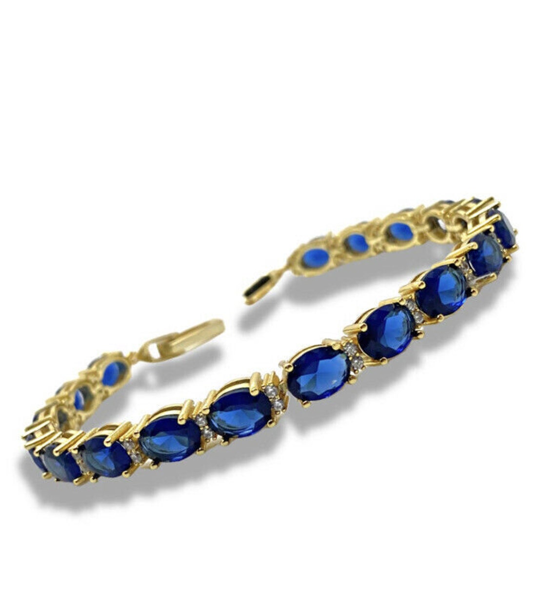 Yellow Gold Finished Tennis Bracelet Blue Sapphire Created Etsy Uk