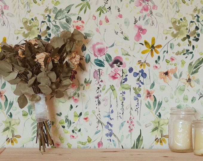 Hand Painted Floral Wallpaper. 2024 Collection. Watercolor Floral. Peel ...