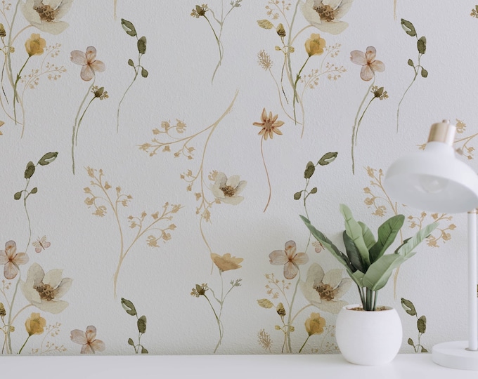 Delicate Floral Wallpaper. Yellow. Watercolor. Peel and Stick ...