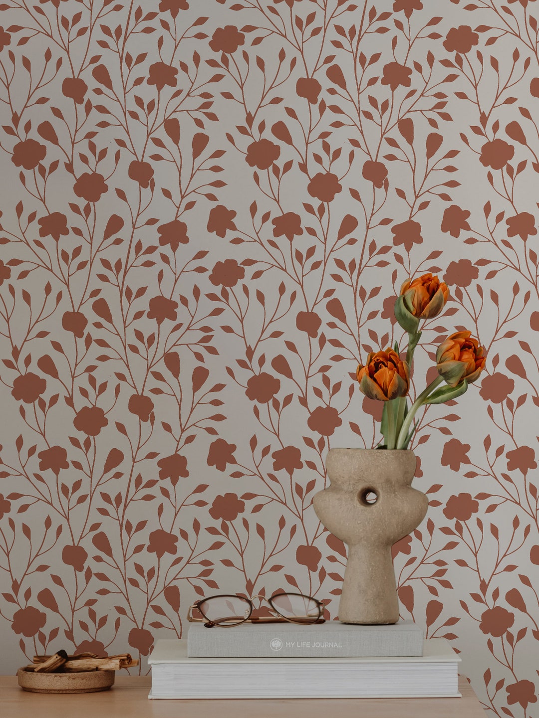 Terra Cotta Wallpaper. Floral Wallpaper. Modern Wallpaper. Peel + Stick ...