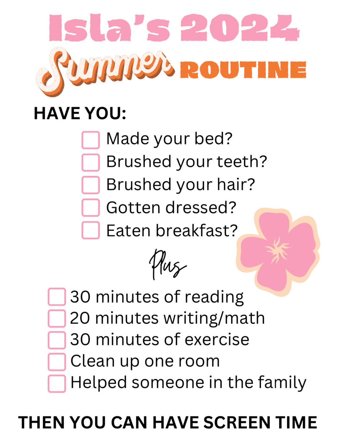 Customizable Summer Routine Check List for Kids on Card Stock ...