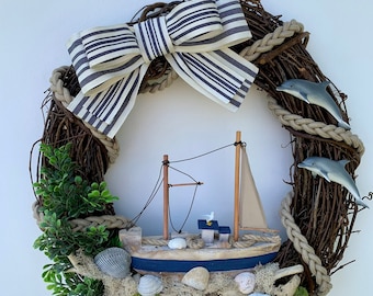 Nautical Wreath, Ocean Wreath, Beach Wreath, Sailboat Wreath, Dolphin ...