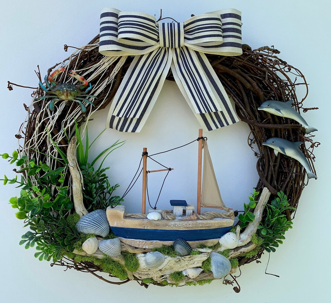 Nautical Wreath, Ocean Wreath, Beach Wreath, Sailboat Wreath, Dolphin ...