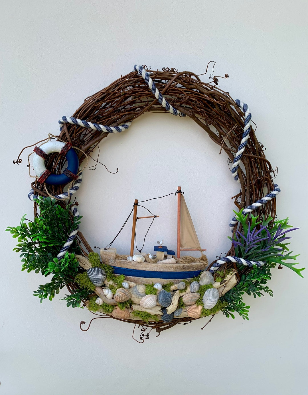 Nautical Wreath, Sailboat Wreath, Beach House Wreath, Seashell Wreath ...