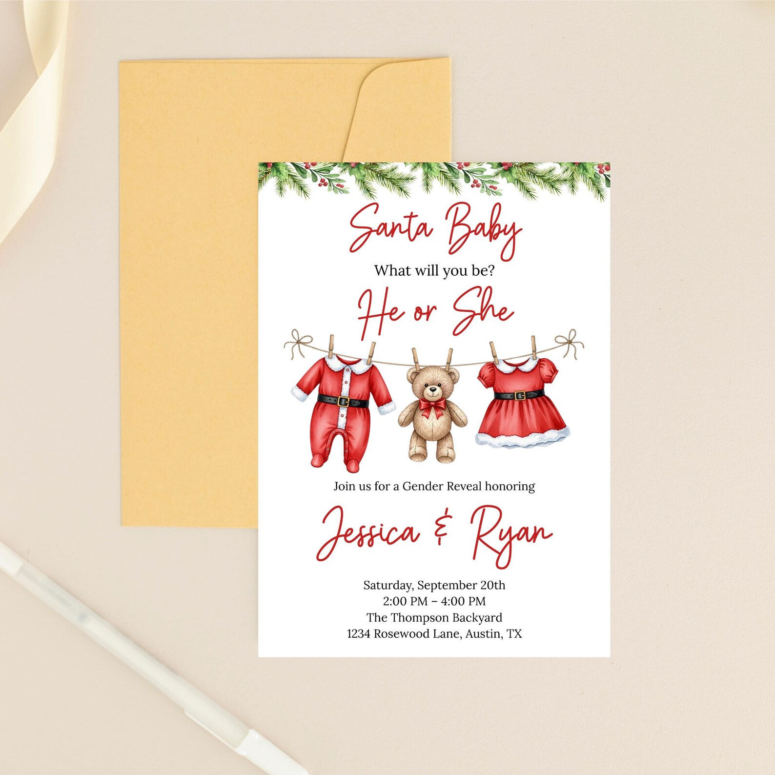 Santa Baby Gender Reveal Invitation: Christmas Clothesline Design - Etsy