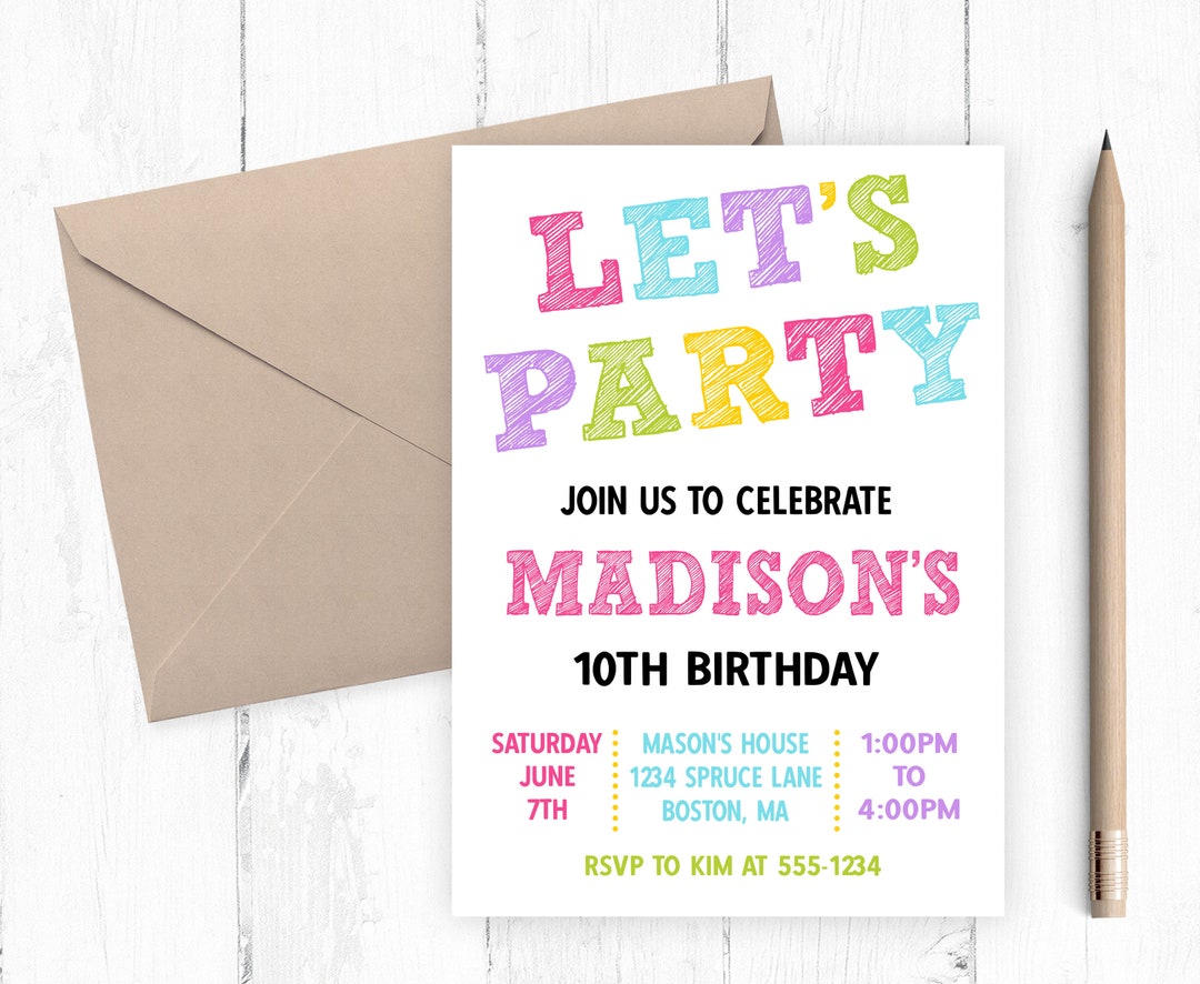 Let's Party Invitation, Girls Party Invitation, Colorful Invitation ...