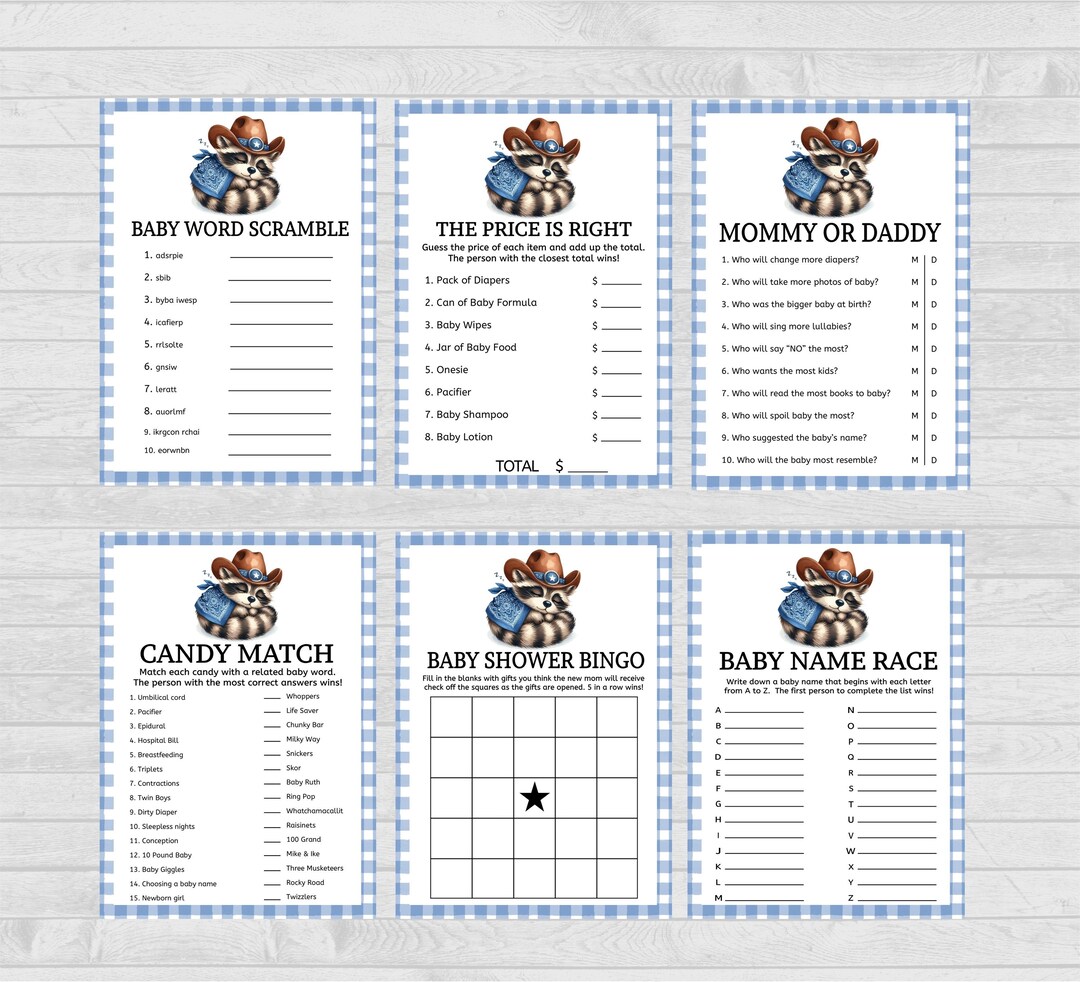 Cowboy Raccoon Baby Shower Games: 6-game Printable Bundle - Etsy