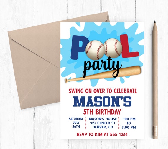Baseball Pool Party Invitation Baseball Party Baseball - Etsy