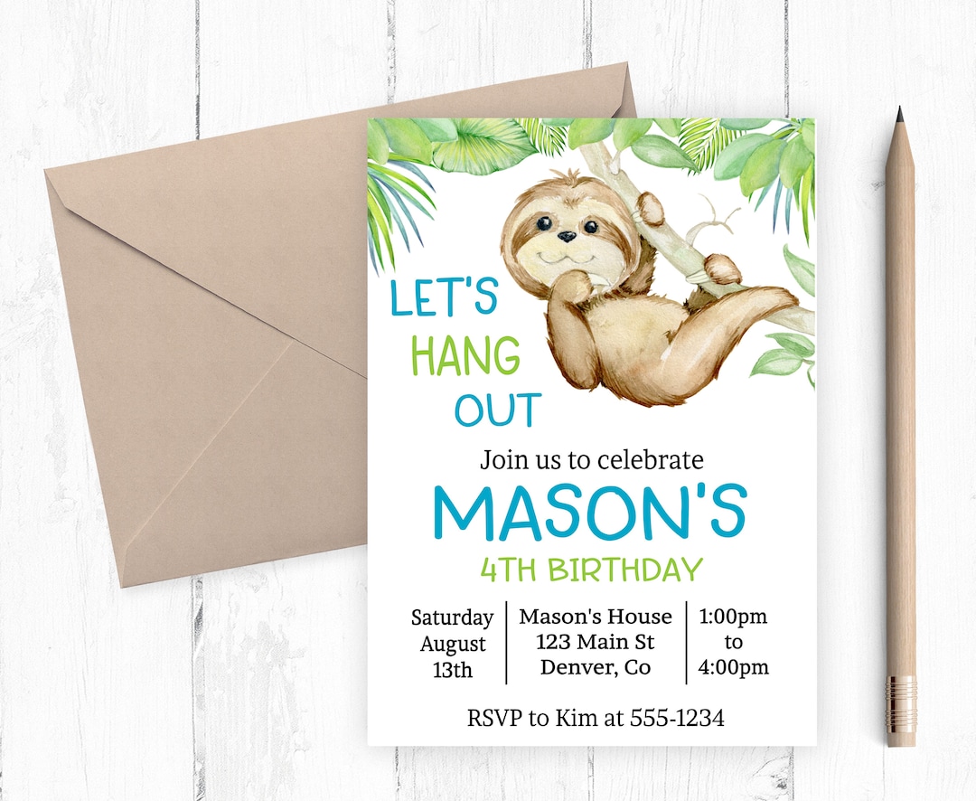 Sloth Birthday Invitation: Let's Hang Out Party - Etsy