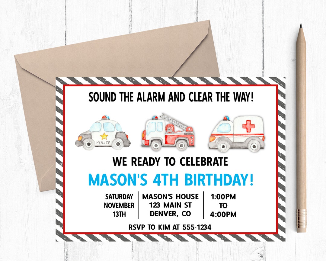 First Responders Birthday Invitation, Emergency Vehicles Party ...