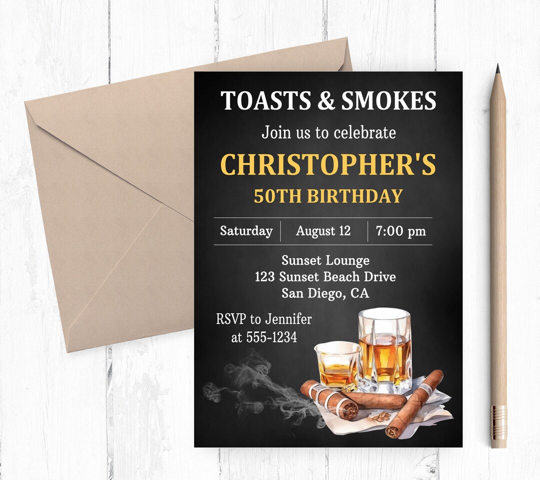 Toasts and Smokes Invitation, Cigar Party, Whiskey Party, Bourbon Party ...