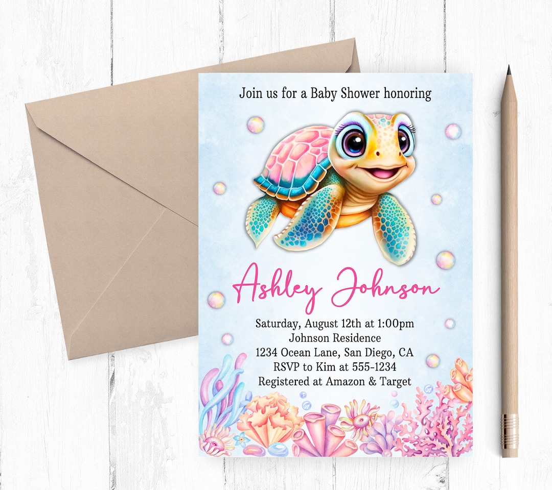 Turtle Baby Shower Invitation, Turtle Party Invitation, Turtle Baby ...