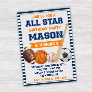 All Star Sports Invitation, Sports Party, Sports Birthday, All Star ...